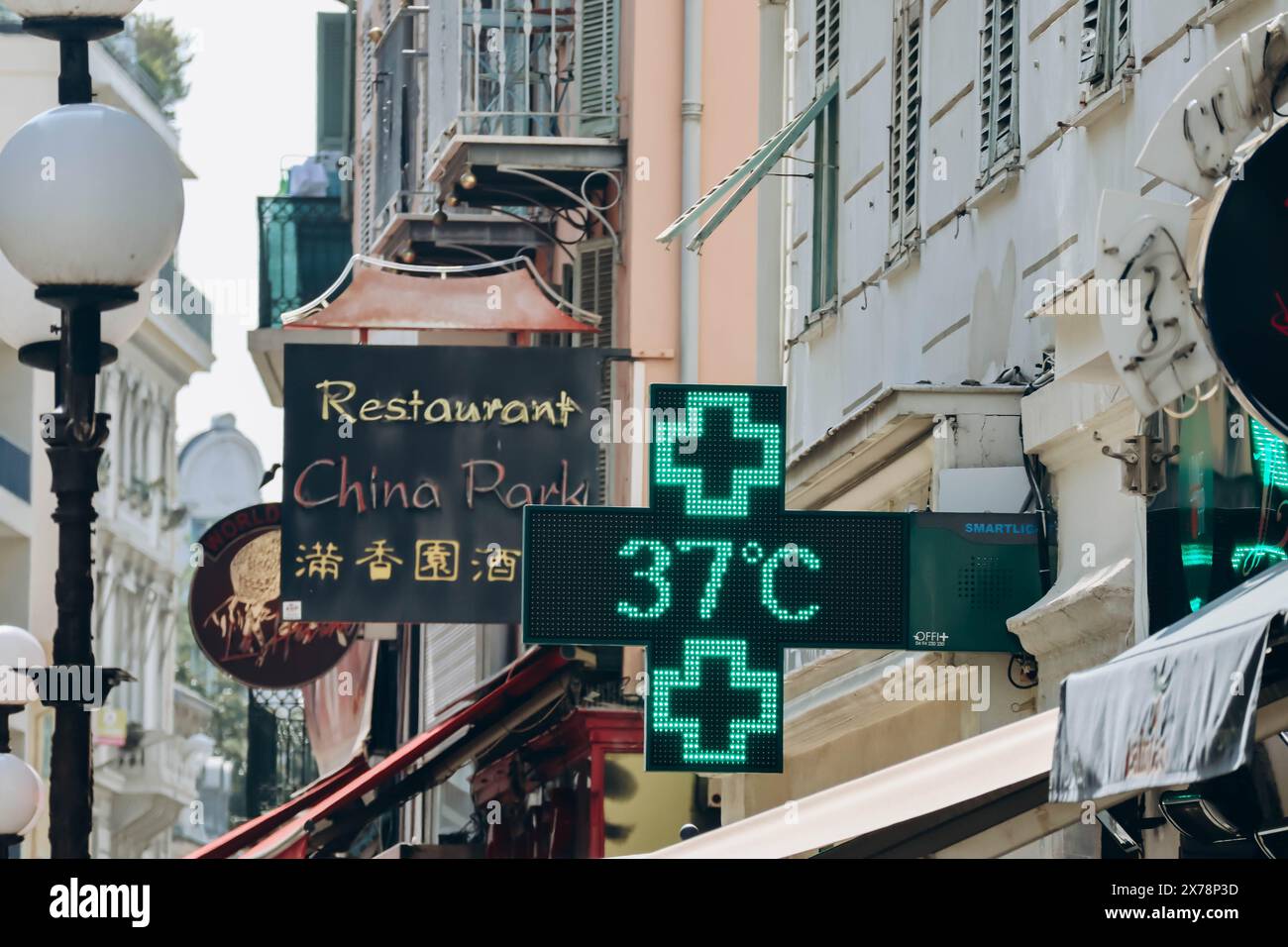 Nice, France - July 22, 2023: Outdoor thermometer in Nice showing high ...
