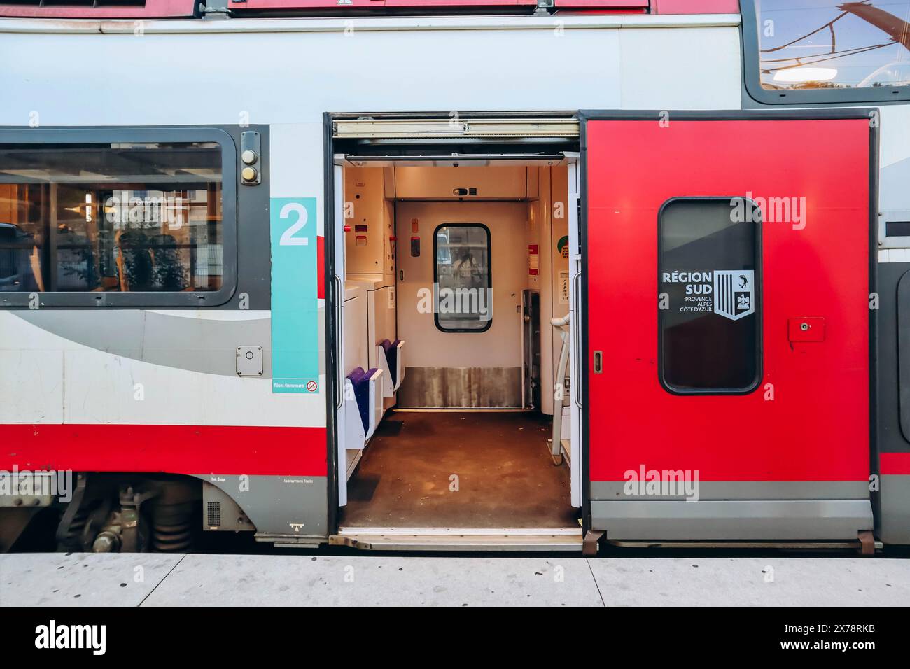 Grasse, France - July 23, 2023: SNCF train, type TER, stands at the ...
