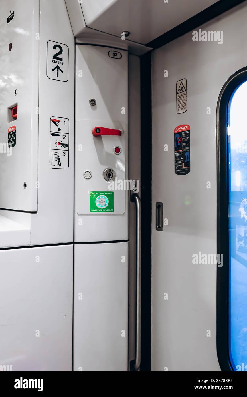 Nice, France - 23 July 2023: Inside the SNCF train, type TER, warning ...