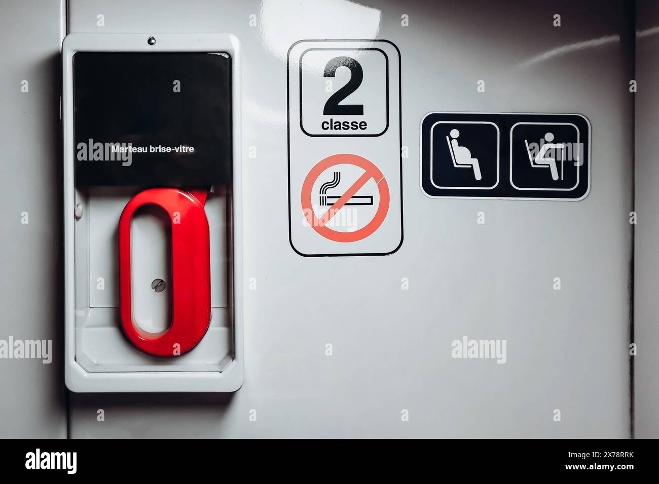 Nice, France - 23 July 2023: Inside the SNCF train, type TER, warning ...