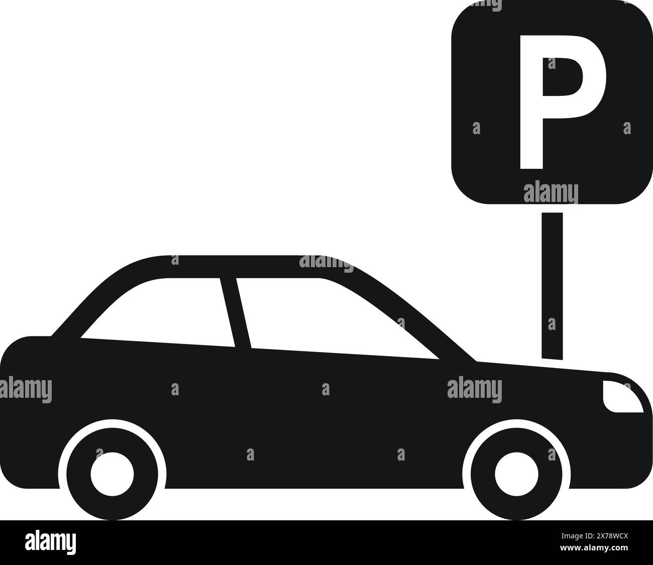 Simple icon depicting a sedan car parked beside a parking area sign, in a flat design style ...