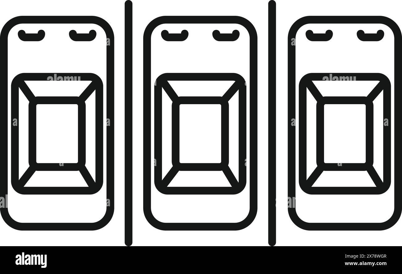 Three line art smartphone icons in a row with blank screen space for ...