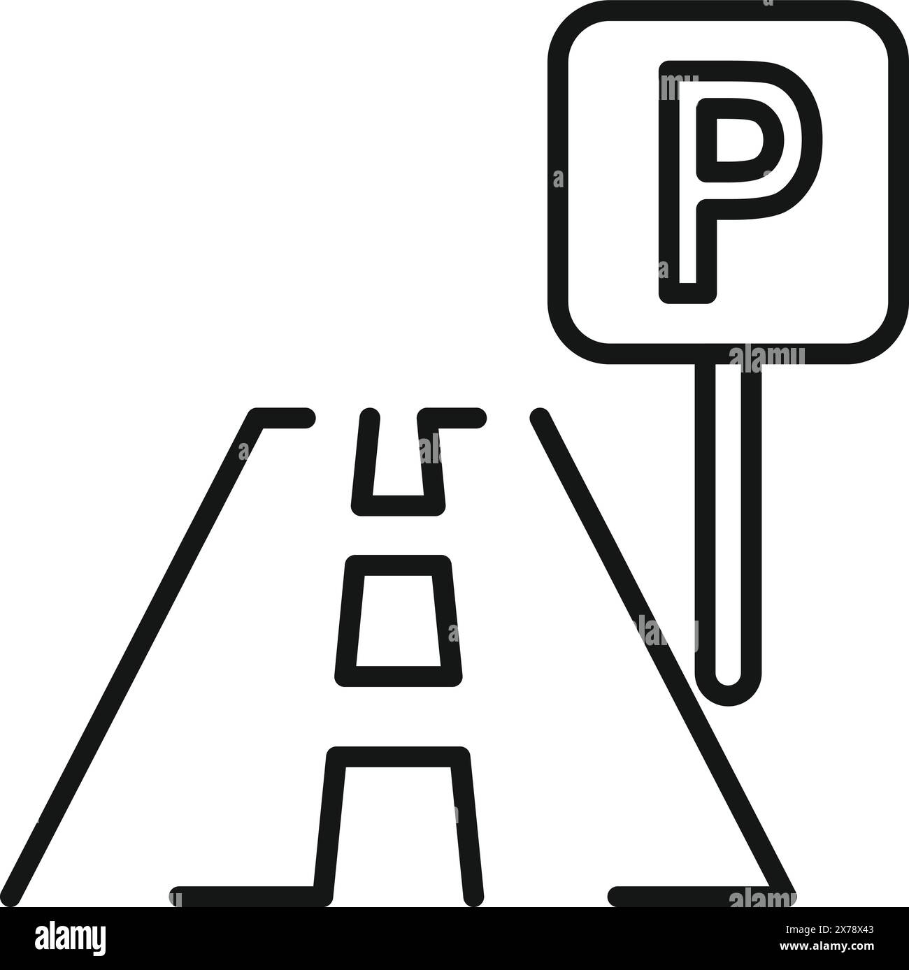 Simple black and white vector icon of a parking sign beside a road ...