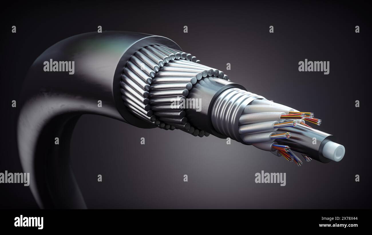 Armoured submarine fiber optic cable structure on black background. 3d ...