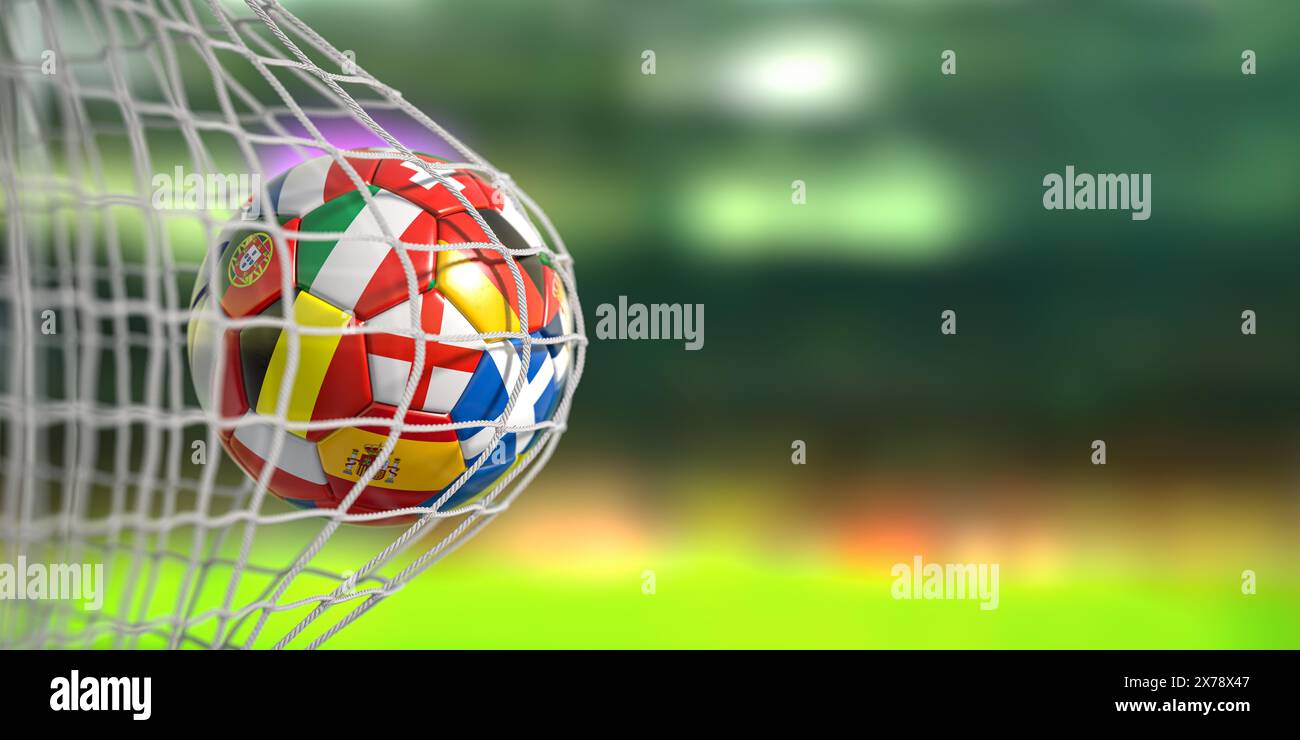 Football ball with flags of european countries in the net of goal of ...