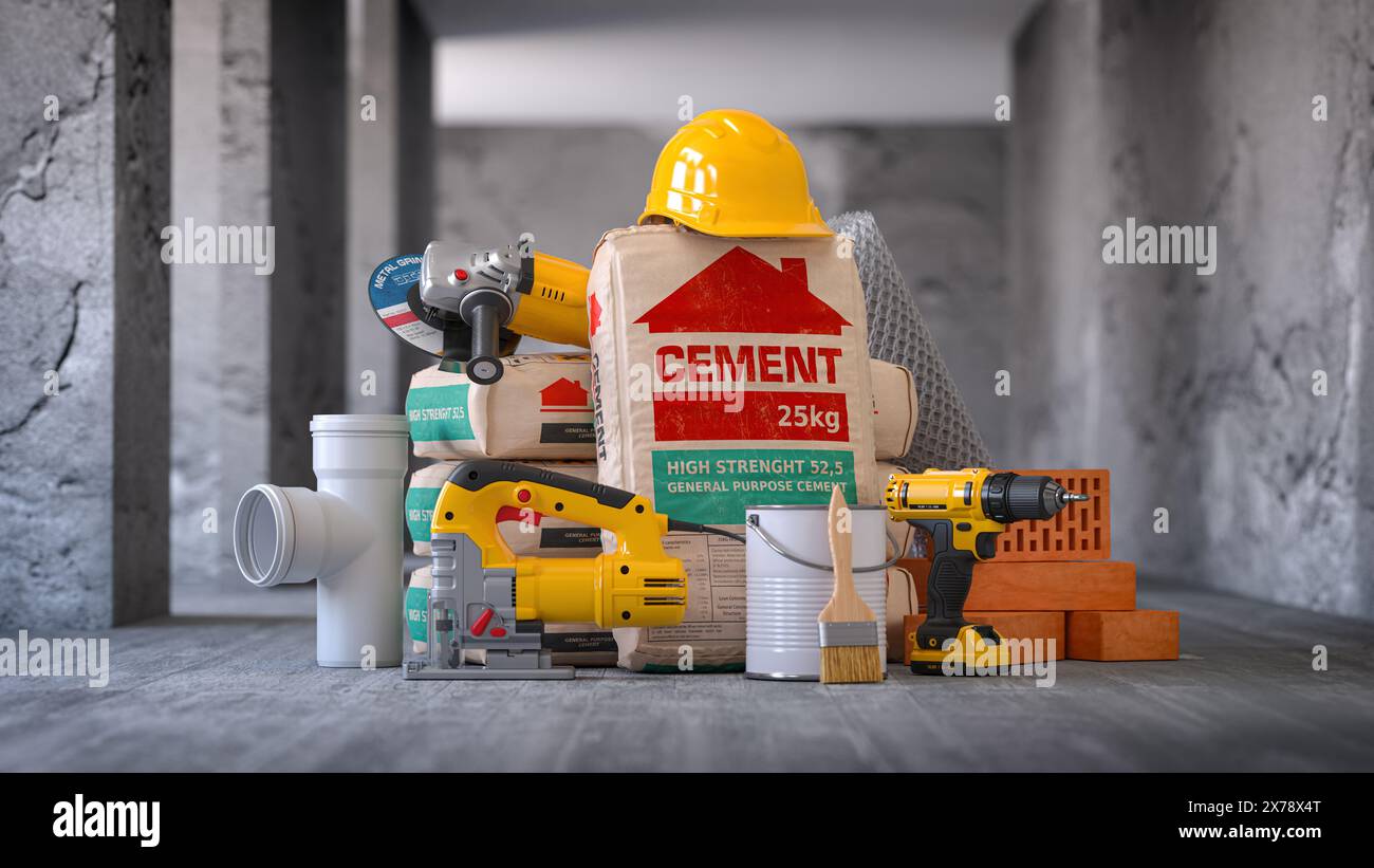 Construction materials and tools indoors with walls without finishing ...