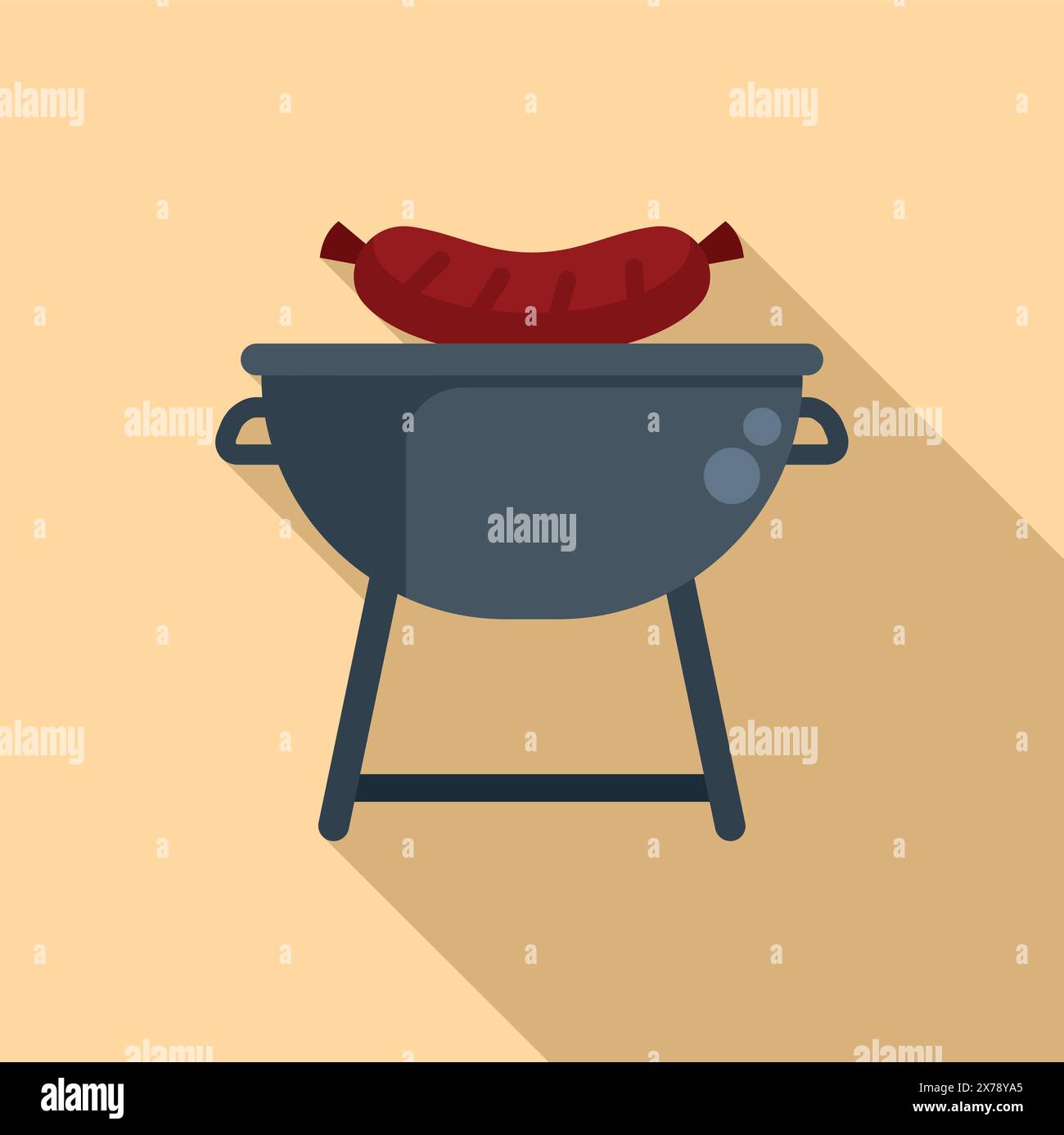 Flat design icon depicting a sausage on a barbecue grill with a shadow ...