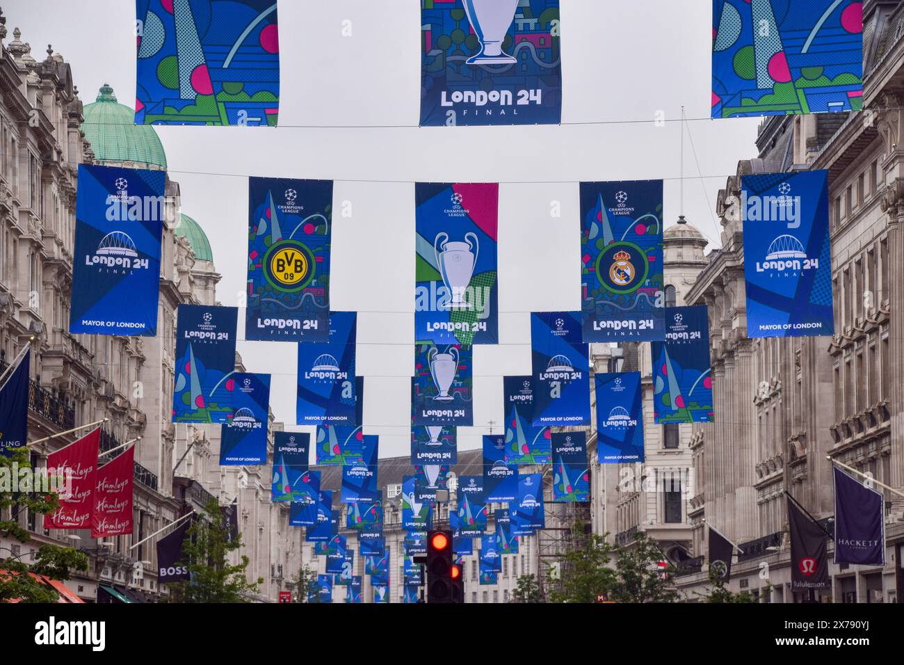 London, UK. 18th May 2024. Banners decorate Regent Street ahead of UEFA ...