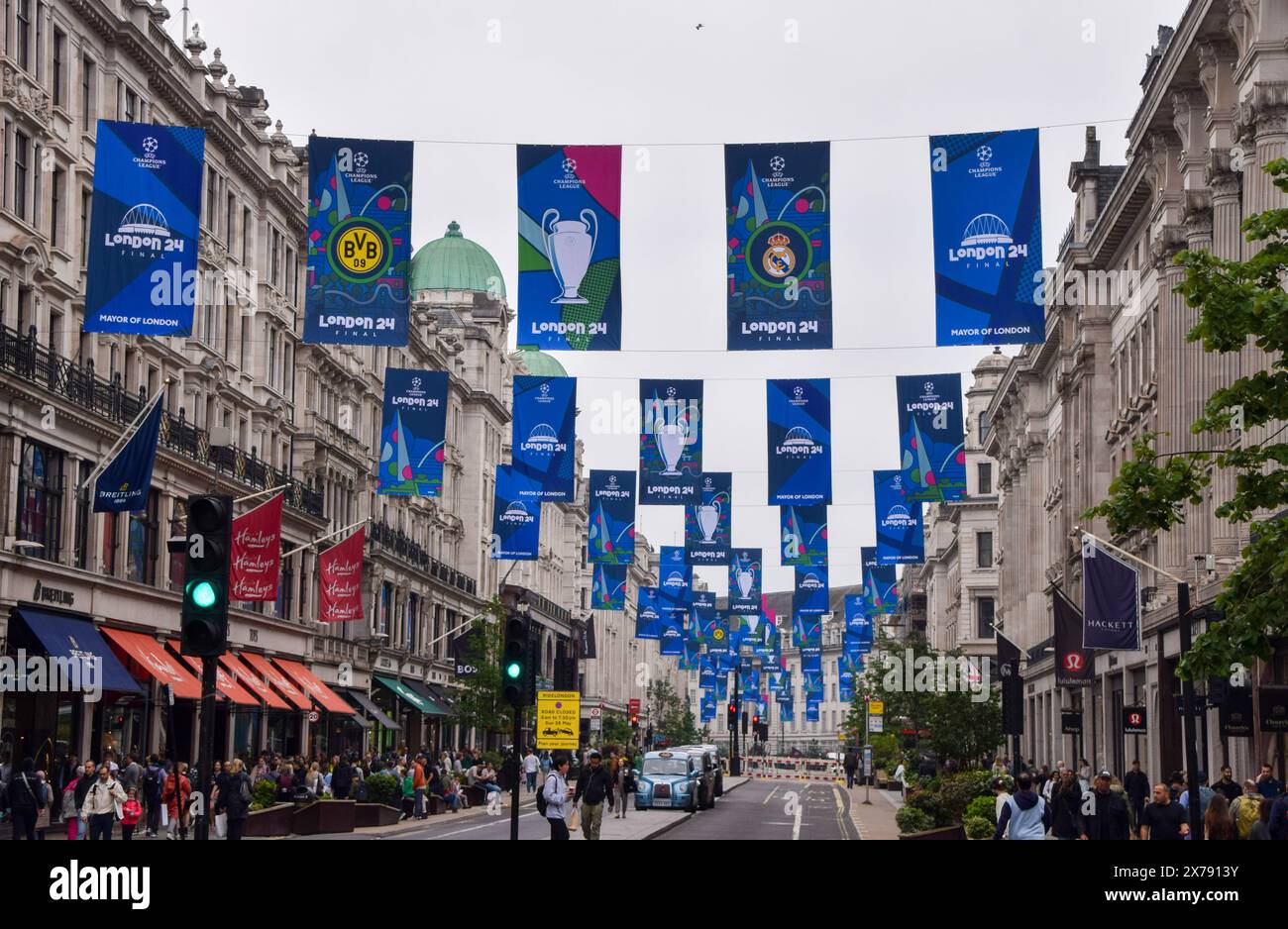 London, UK. 18th May 2024. Banners decorate Regent Street ahead of UEFA ...