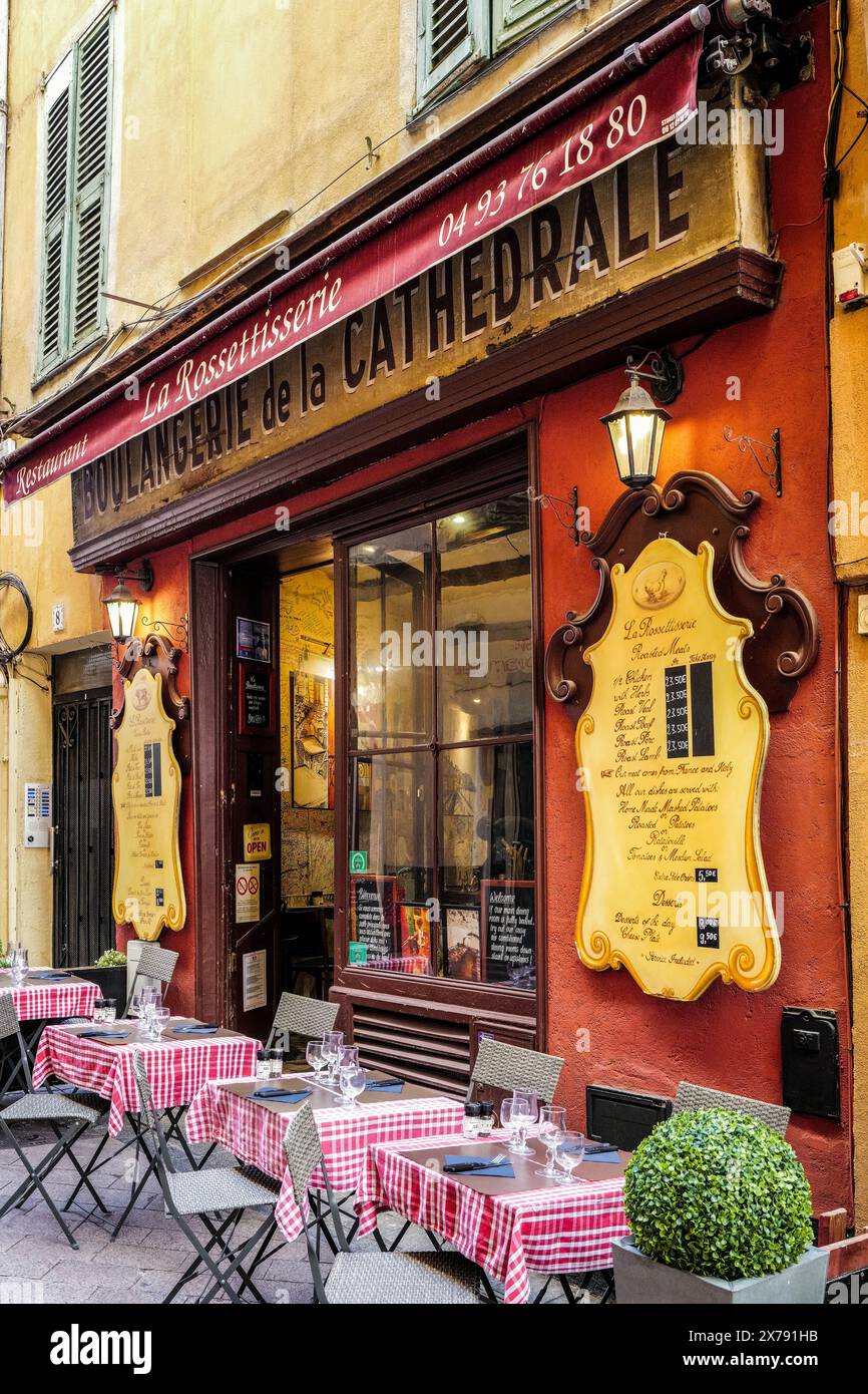 Colorful restaurant facade on a street in Old Town, Vieille Ville in ...