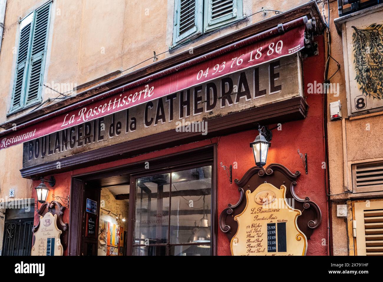Colorful restaurant facade on a street in Old Town, Vieille Ville in ...