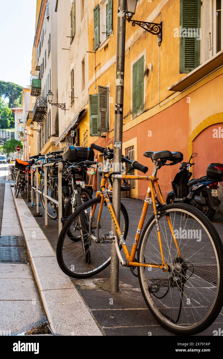 Nice, France - Bicycles in a street in the Old Town, Nice, Provence ...