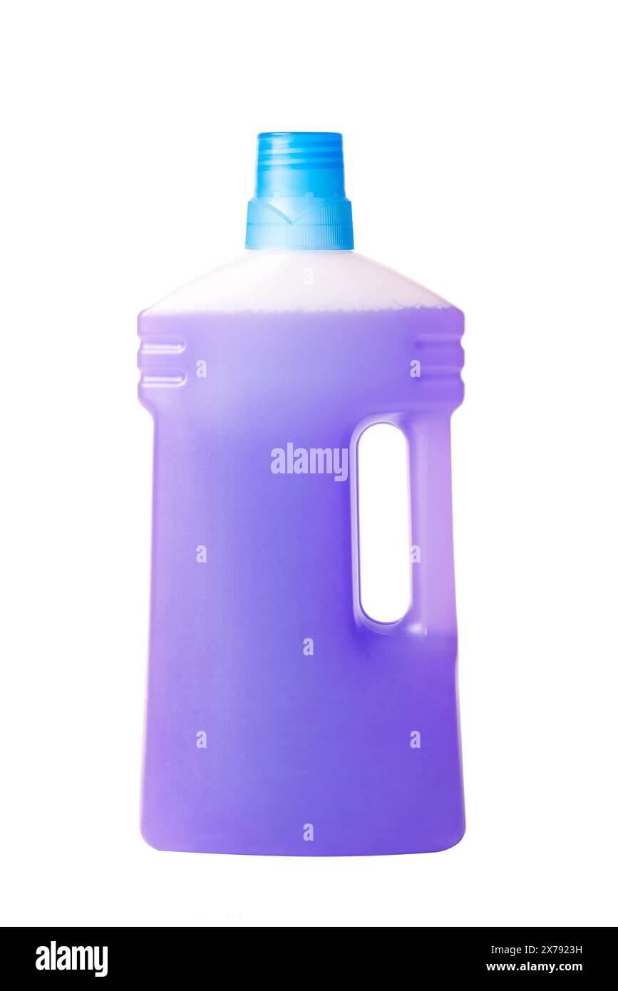 Purple plastic bottle of detergent or fabric softener, isolated on a ...