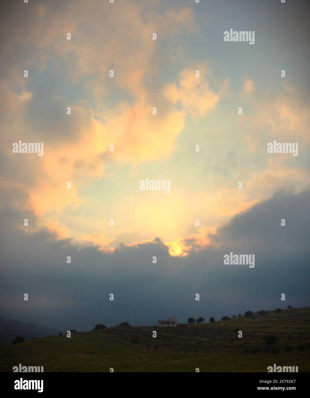 The view of the sky at sunset of a countryside landscape in the north ...