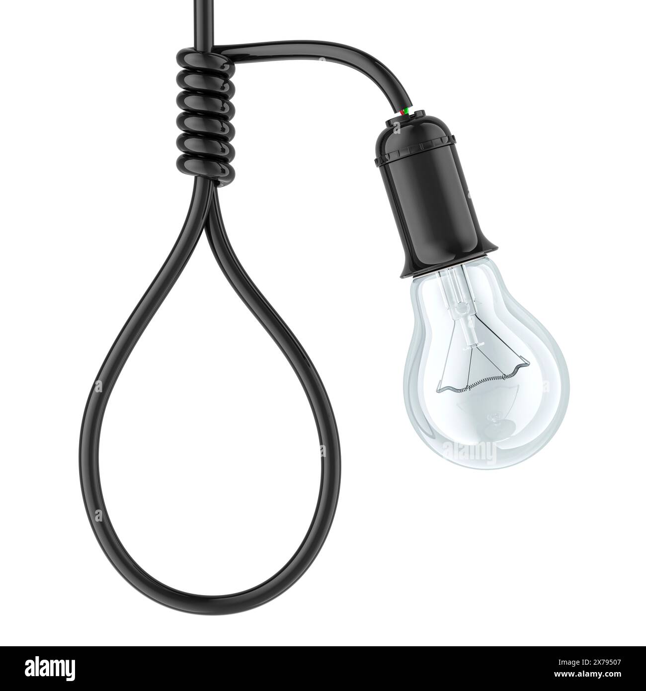 Light Bulb with noose, hangmans knot from cable with lightbulb. 3D rendering isolated on white ...