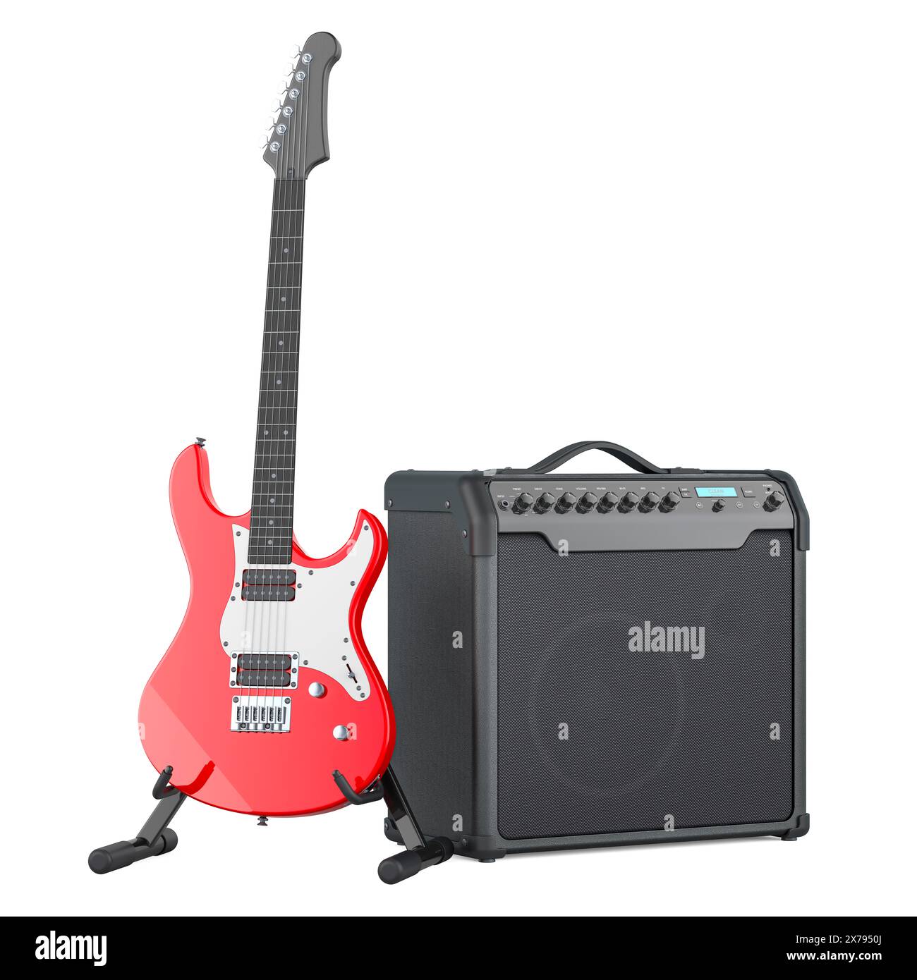 Electric Guitar with Instrument Amplifier, 3D rendering isolated on ...