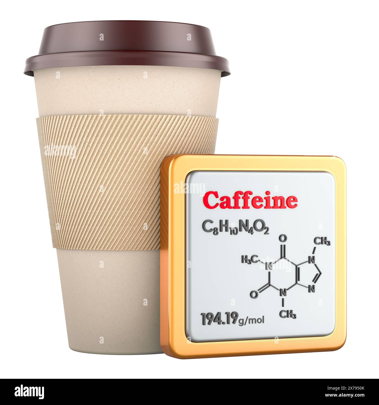 Disposable cup of drink with Caffeine and Icon with chemical formula of ...