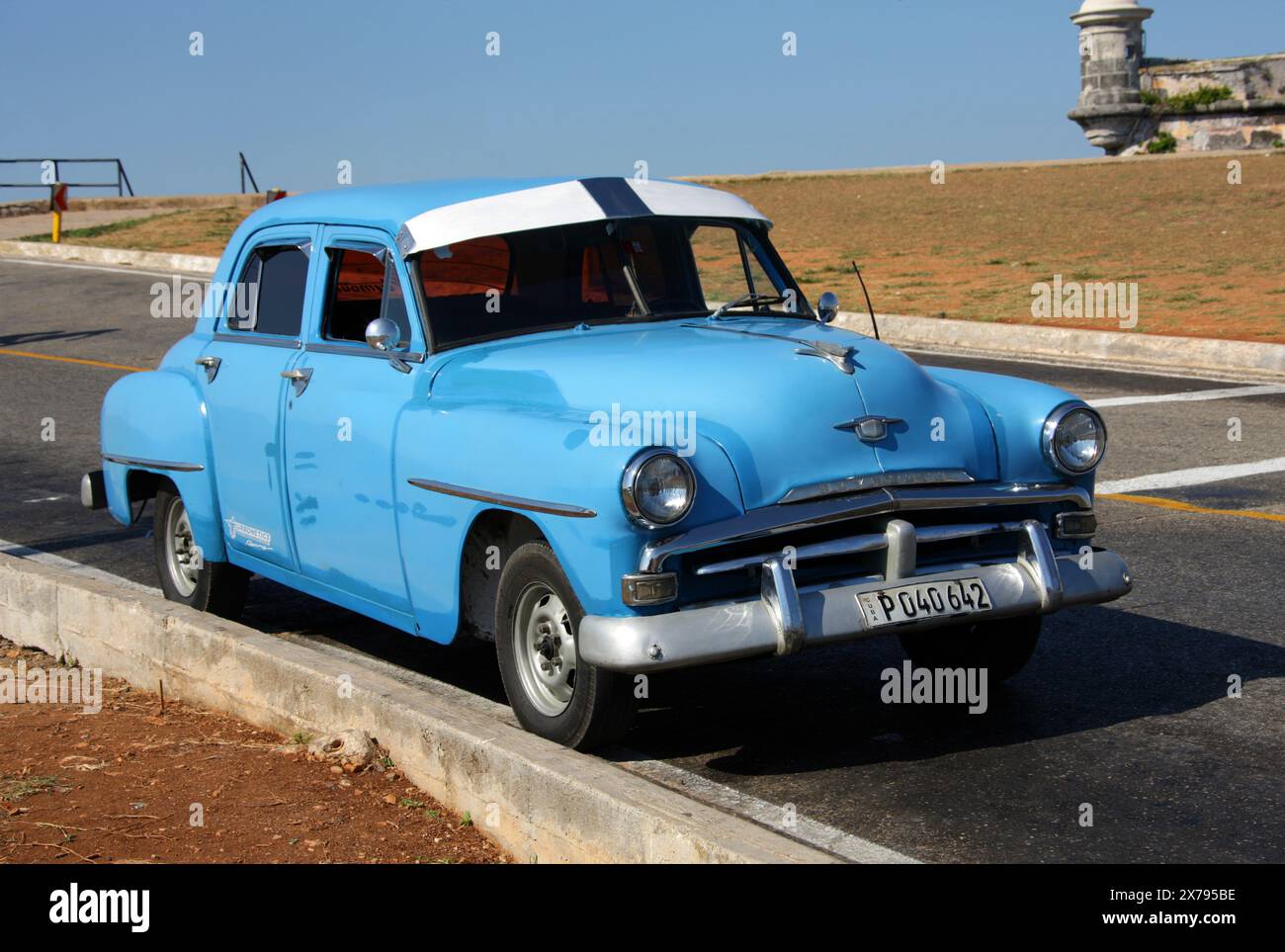 Blue 1952 Plymouth Classic Car. The Morro Castle / Castillo de los Tres ...