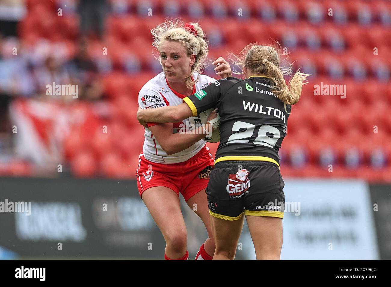 Doncaster, UK. 18th May, 2024. Jodie Cunningham of St Helens is tackled ...