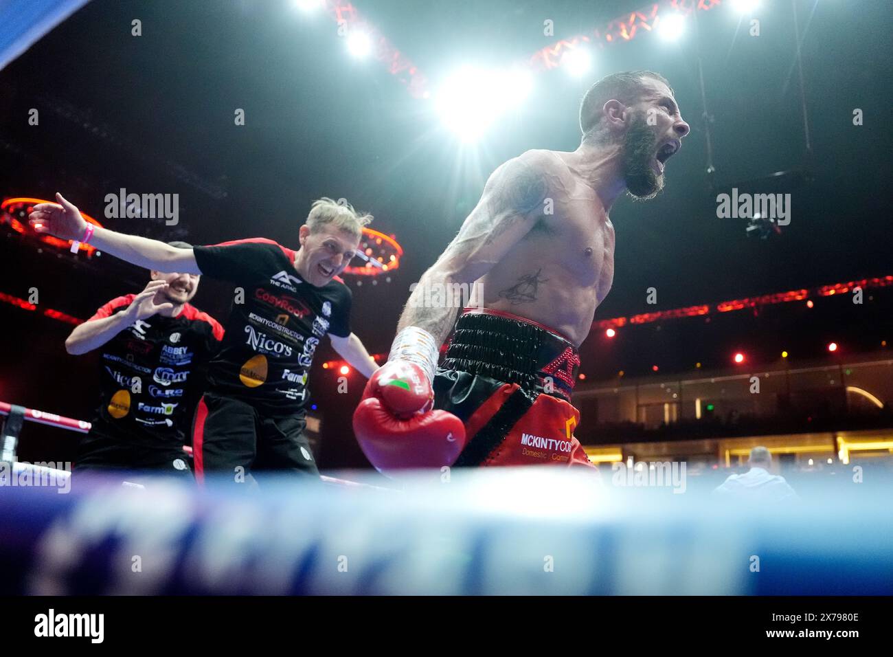 Anthony Cacace (right) celebrates during the Super Featherweight fight ...