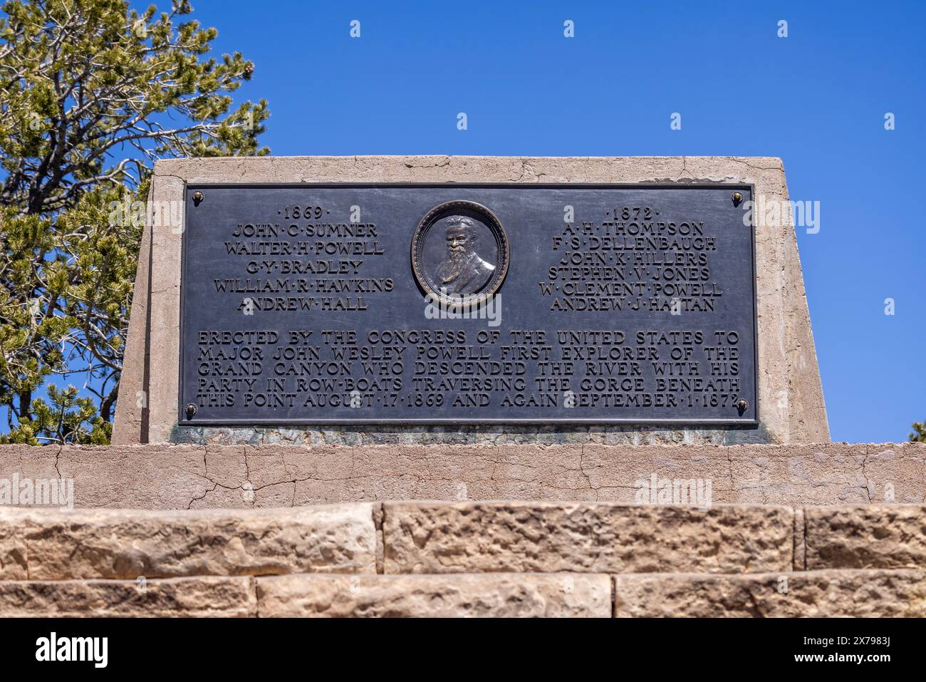 Memorial plaque to Major John Wesley Powell on the South Rim of the Grand Canyon, Arizona, USA ...