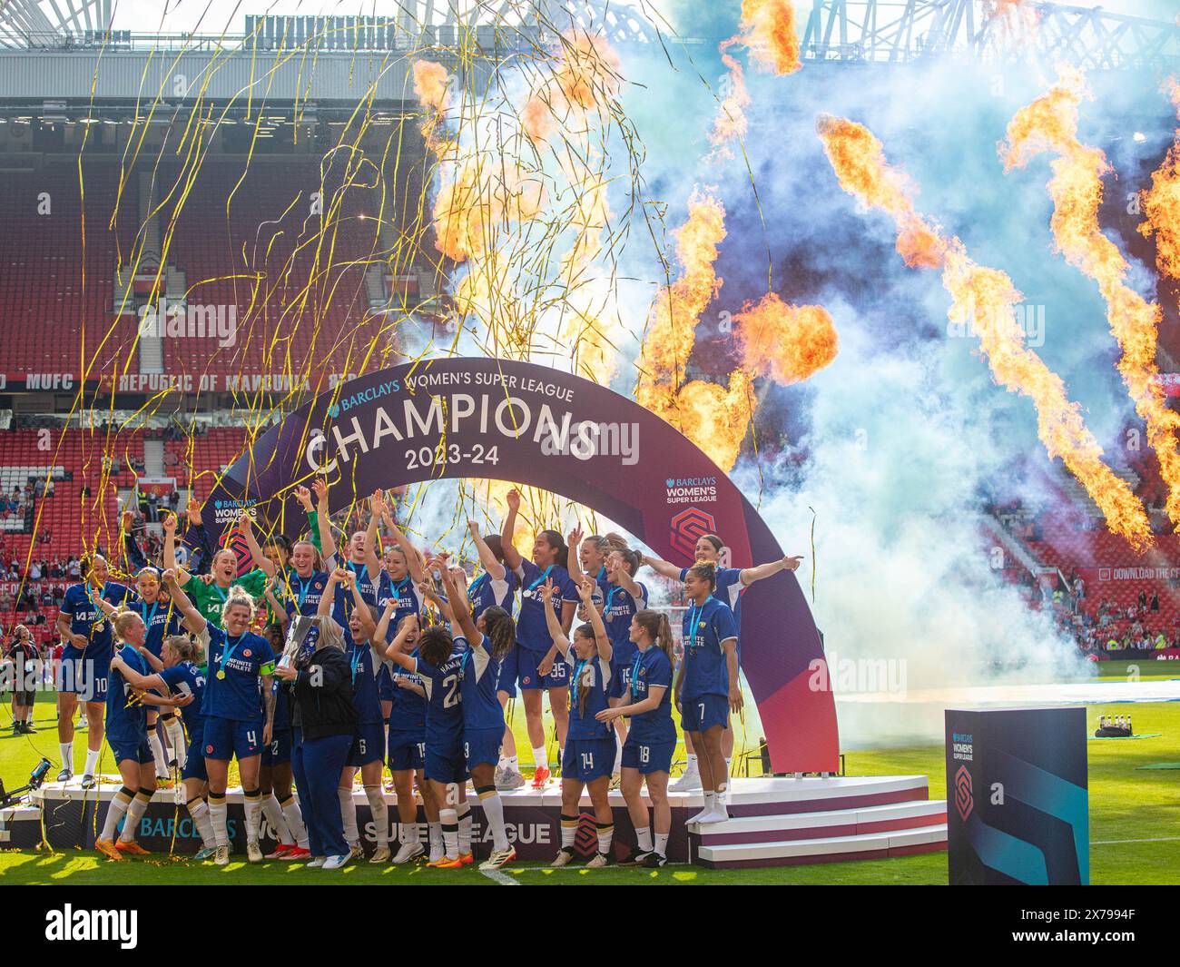 Old Trafford Stadium, UK. 18th May, 2024. Chelsea celebrate the WSL ...