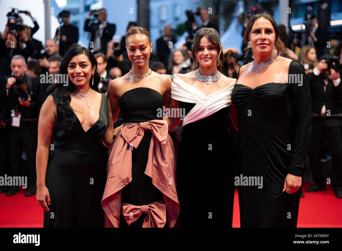 Adriana Paz, from left, Zoe Saldana, Selena Gomez and Karla Sofía Gascon pose for photographers ...