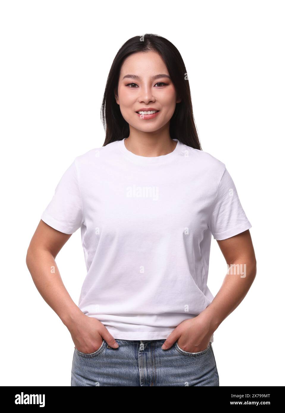 Woman wearing stylish t-shirt on white background Stock Photo - Alamy