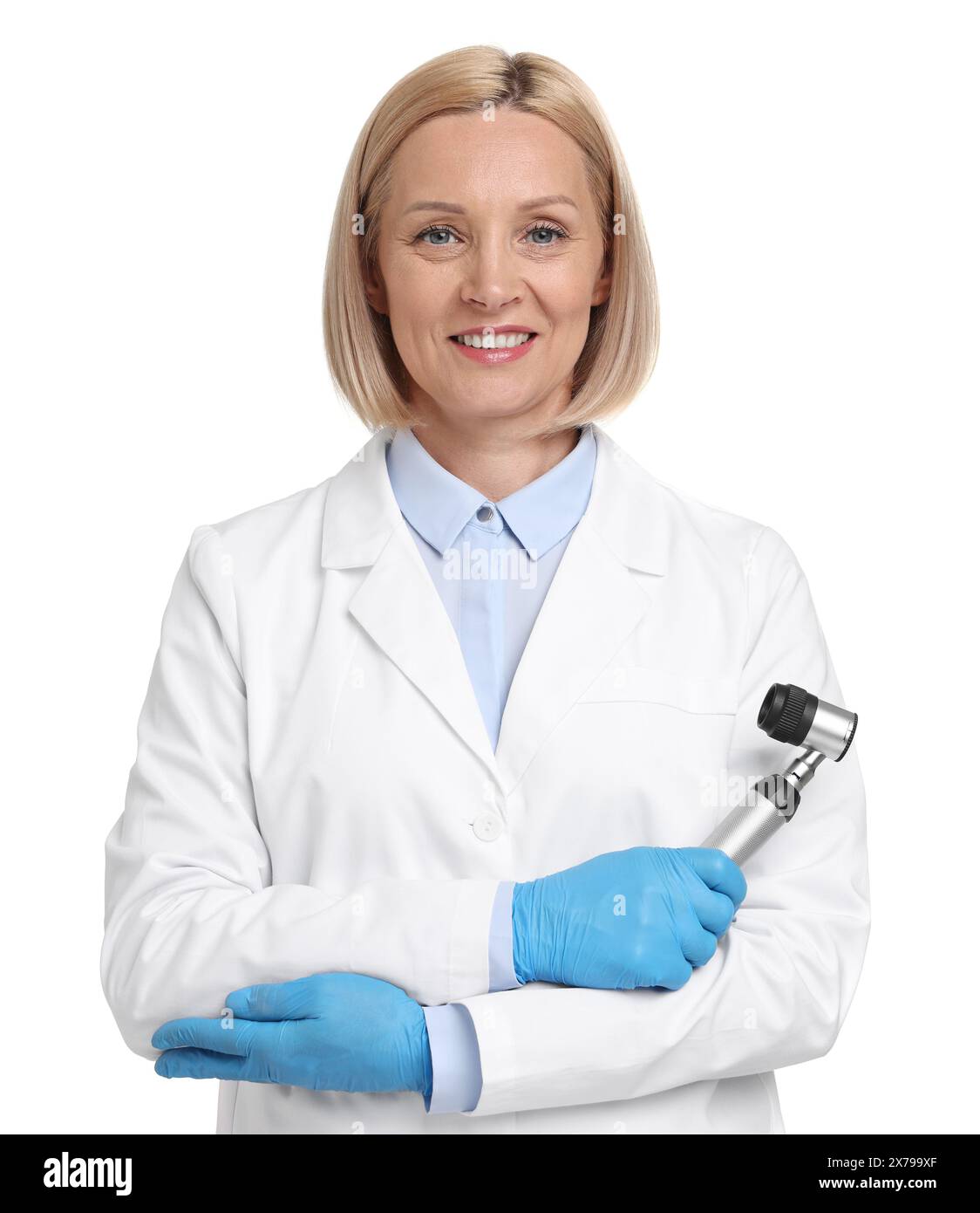 Happy dermatologist with dermatoscope isolated on white Stock Photo - Alamy