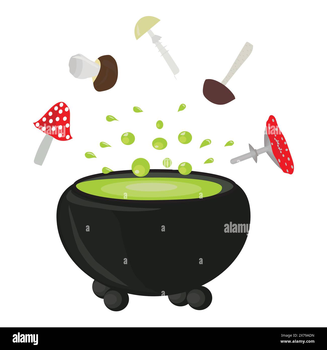 Cauldron with witchs potion and ingredients. Vector illustration ...