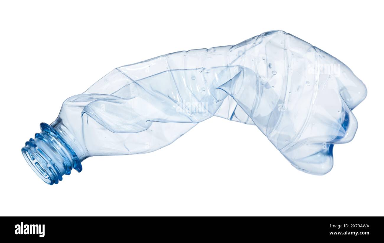 Crumpled disposable plastic bottle isolated on white Stock Photo - Alamy