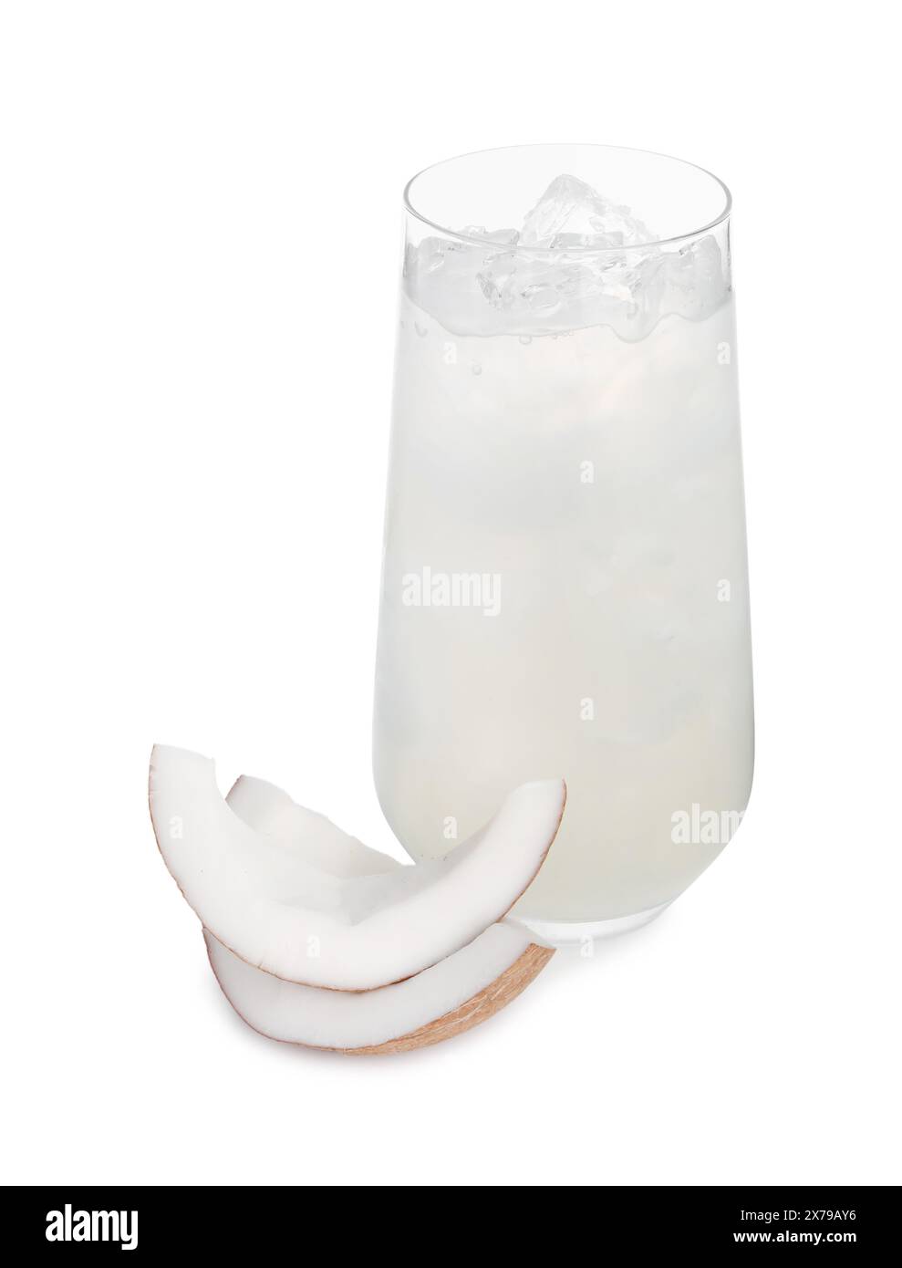 Glass of coconut water, ice cubes and nut isolated on white Stock Photo ...