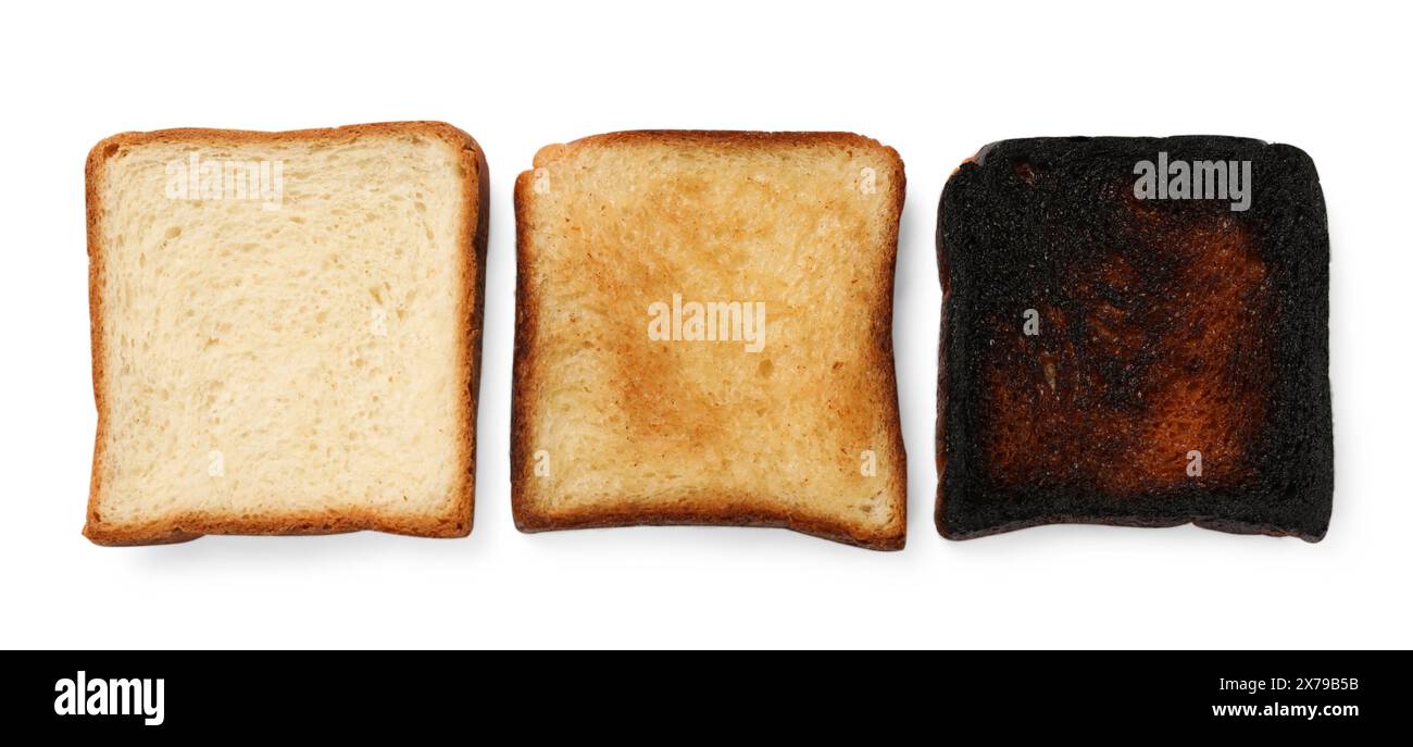 Toasting doneness. Bread slices of different shades isolated on white ...