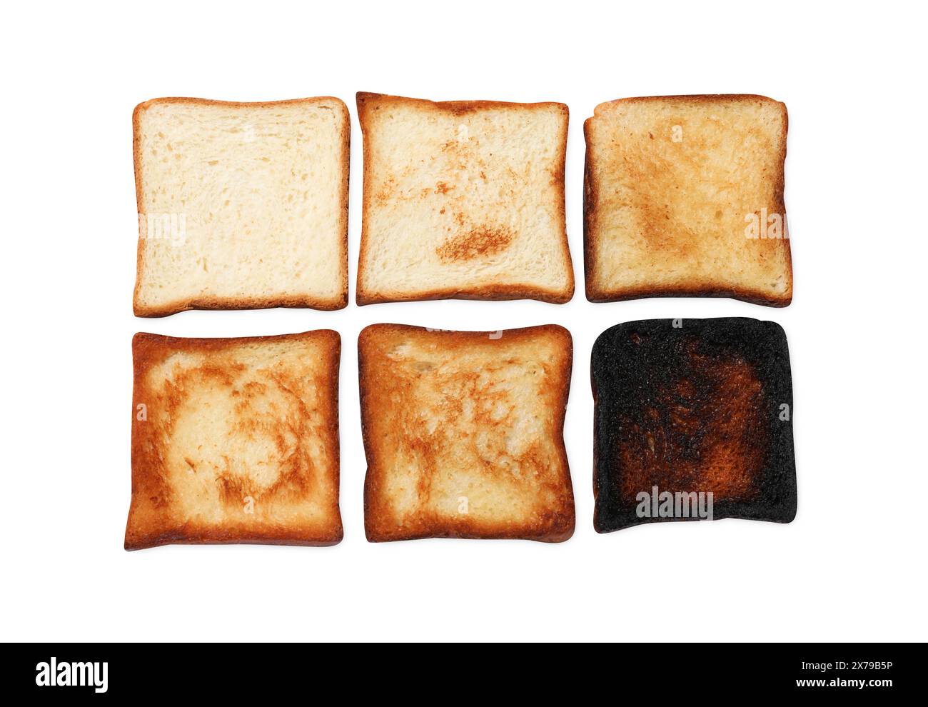 Toasting doneness. Bread slices of different shades isolated on white ...