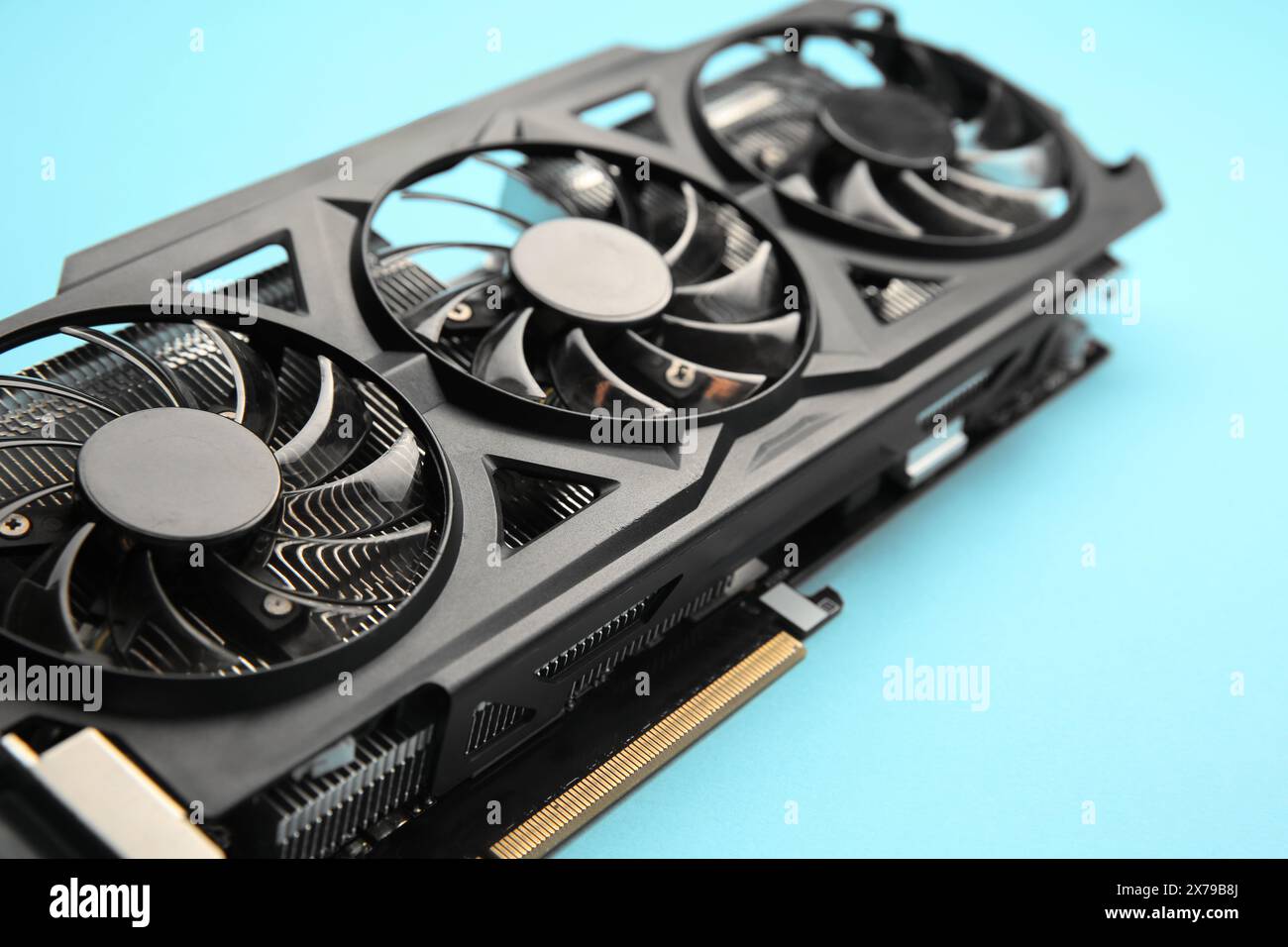 One graphics card on light blue background, closeup Stock Photo - Alamy