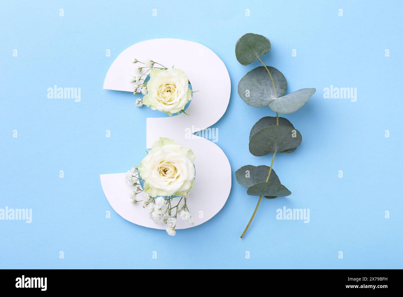 Paper number 3, beautiful flowers and eucalyptus branch on light blue ...