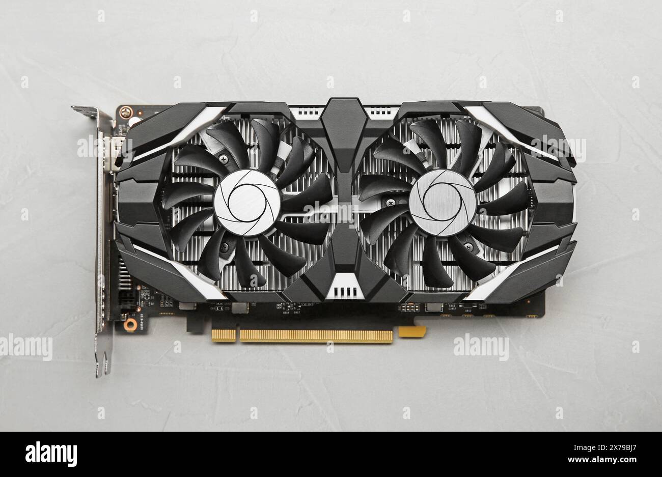 Computer graphics card on gray textured background, top view Stock ...
