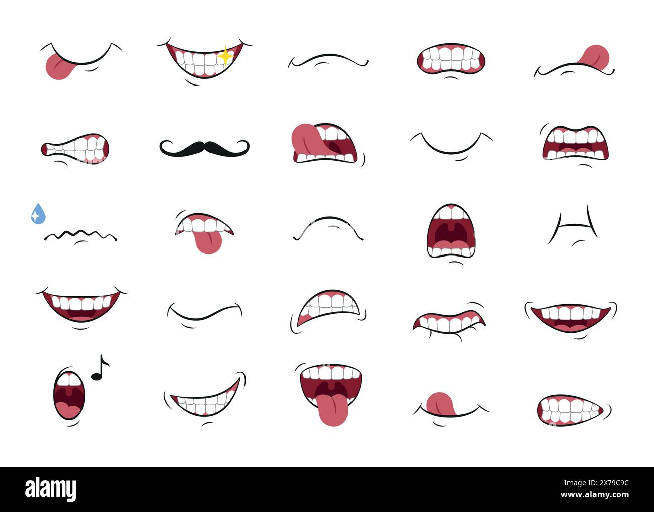 Set of 26 cartoon mouth expressions. Funny cartoon emoticons. Vector ...