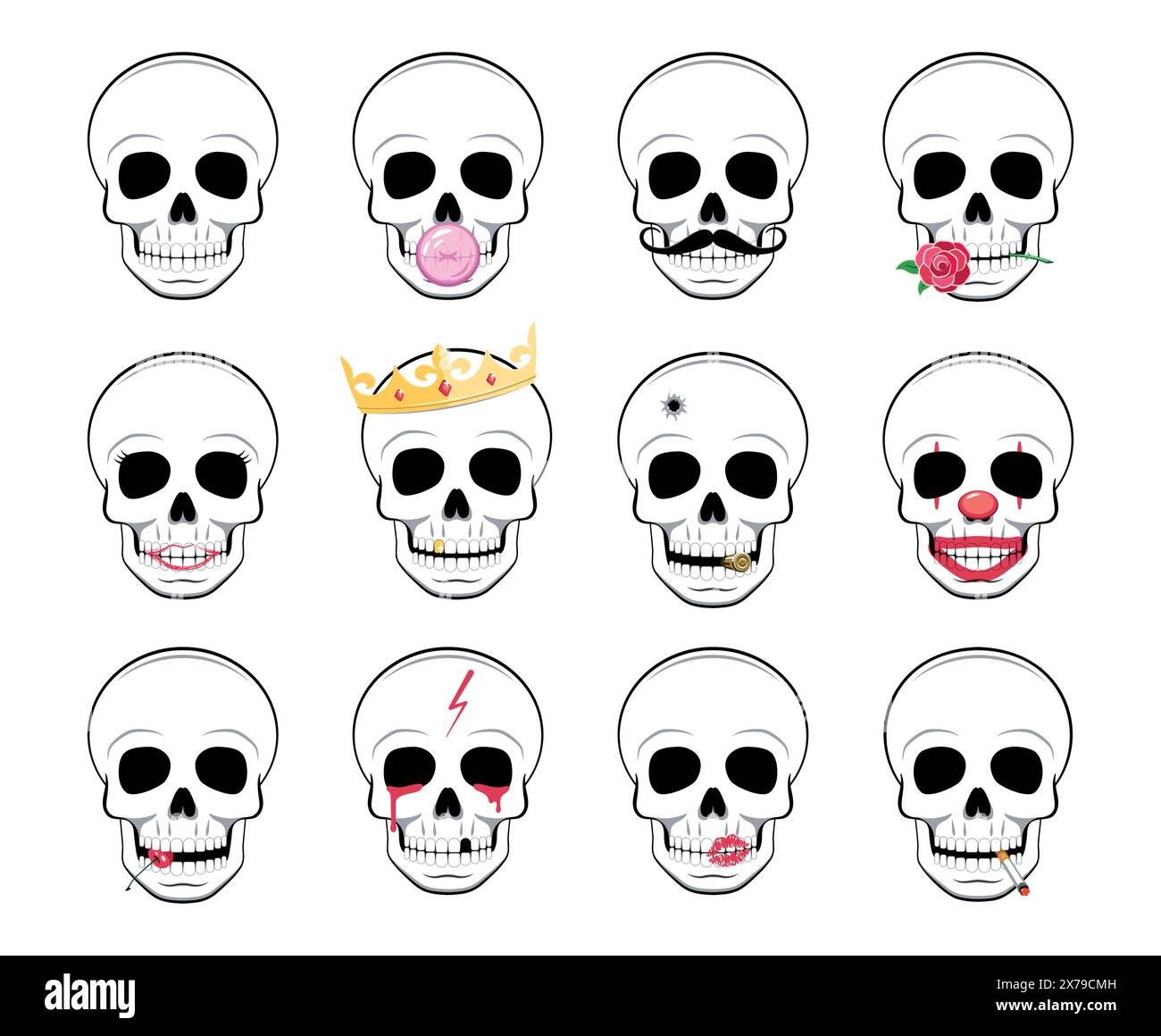 Set of 12 skull faces. Funny cartoon style. Vector illustration Stock ...