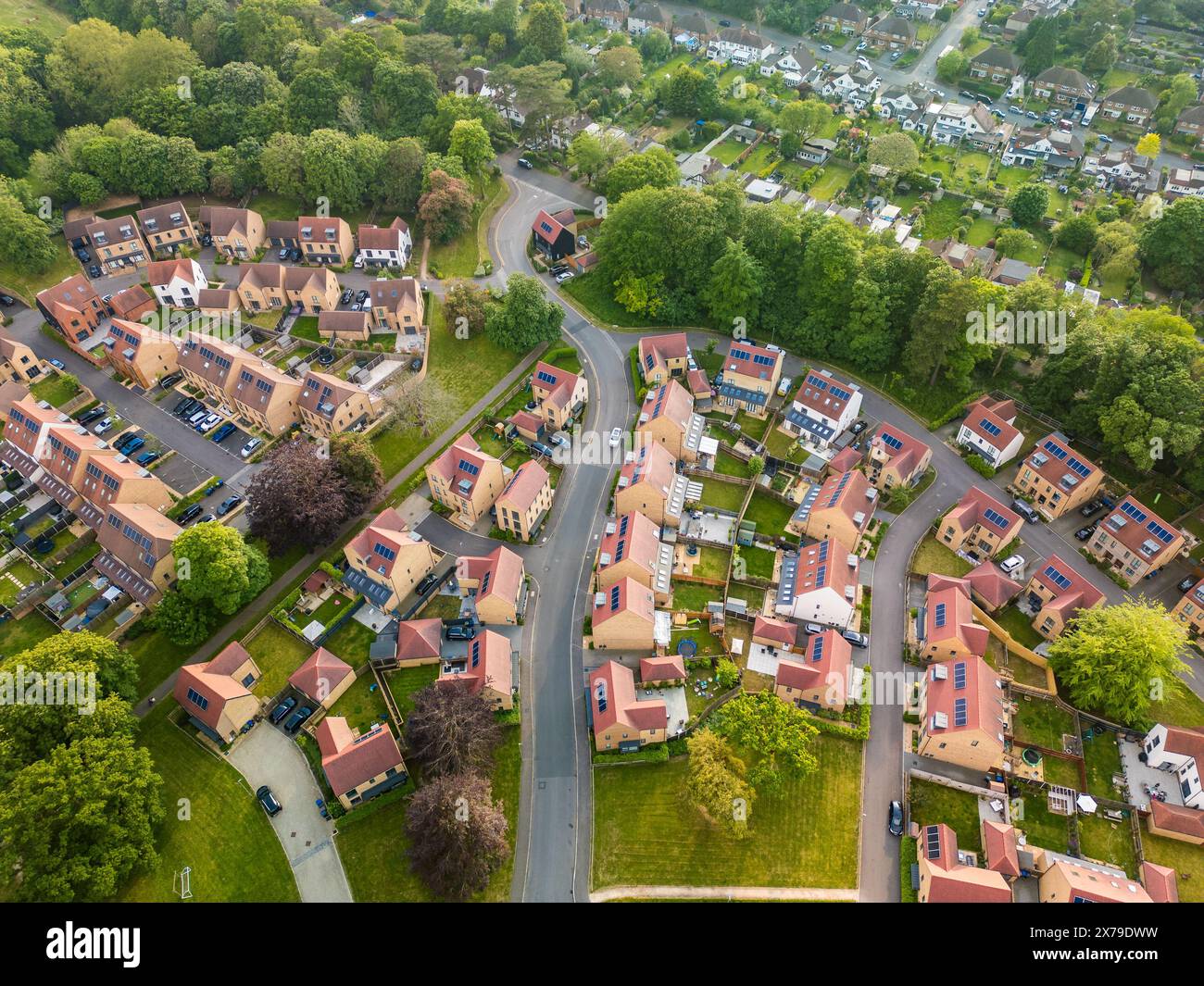 Aerial drone view of the Cane Hill area in Coulsdon, UK, with new ...