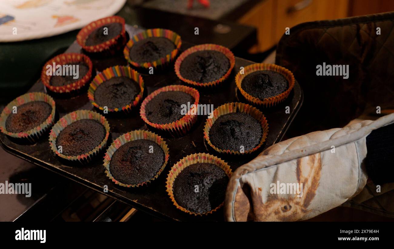 Baking cakes, Who burnt the cakes, taking out of oven a tray of black ...