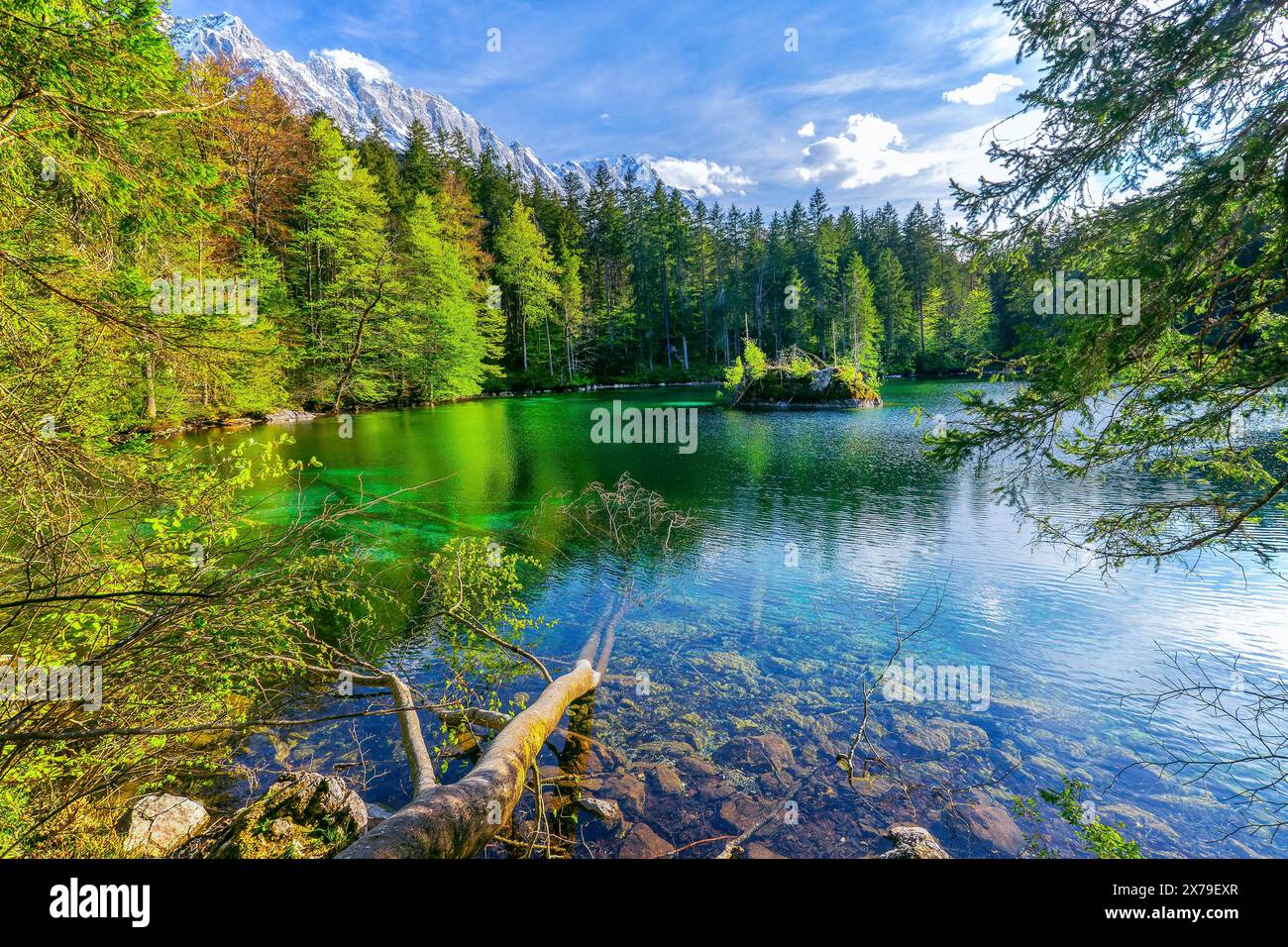 Lake Badersee in spring with Zugspitze group 2962m in the Wetterstein ...