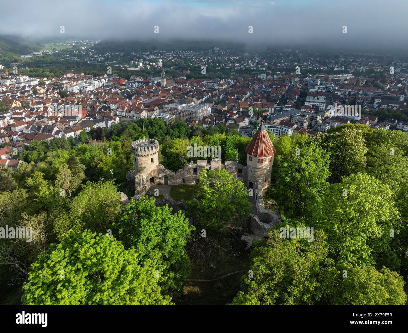 Aerial view of the Honburg castle ruins on the Honberg with the town of ...