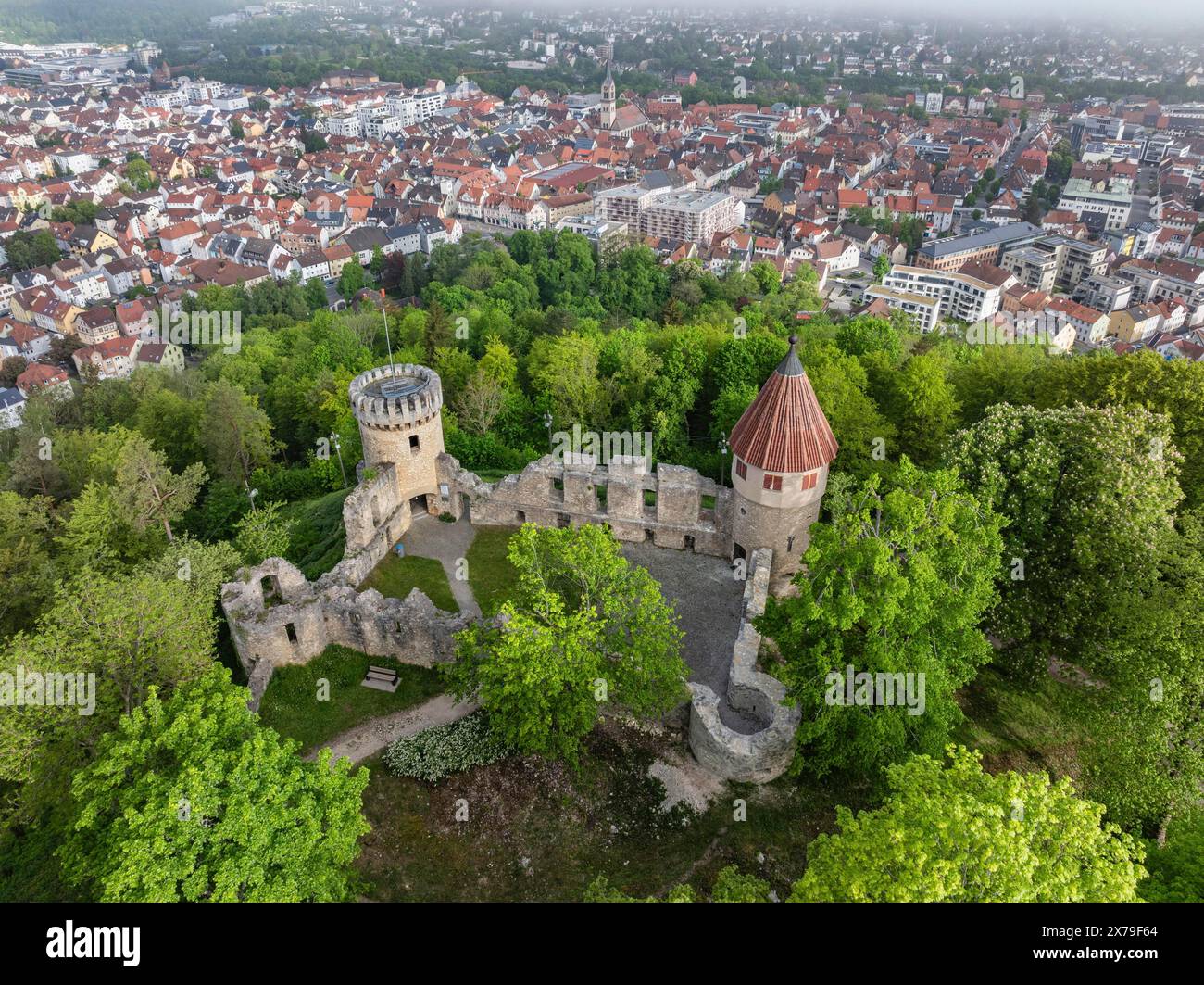 Aerial view of the Honburg castle ruins on the Honberg with the town of ...