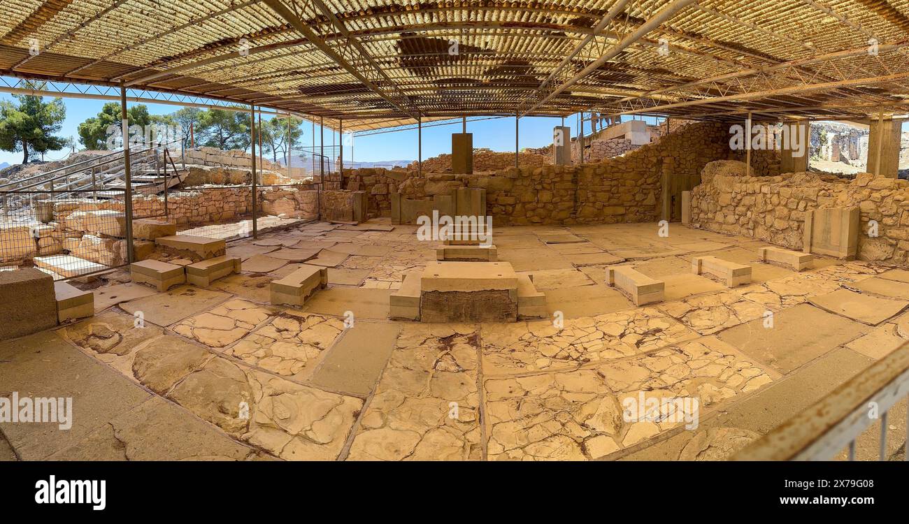 Panoramic view of remains of megaron with vestibule connected main room ...