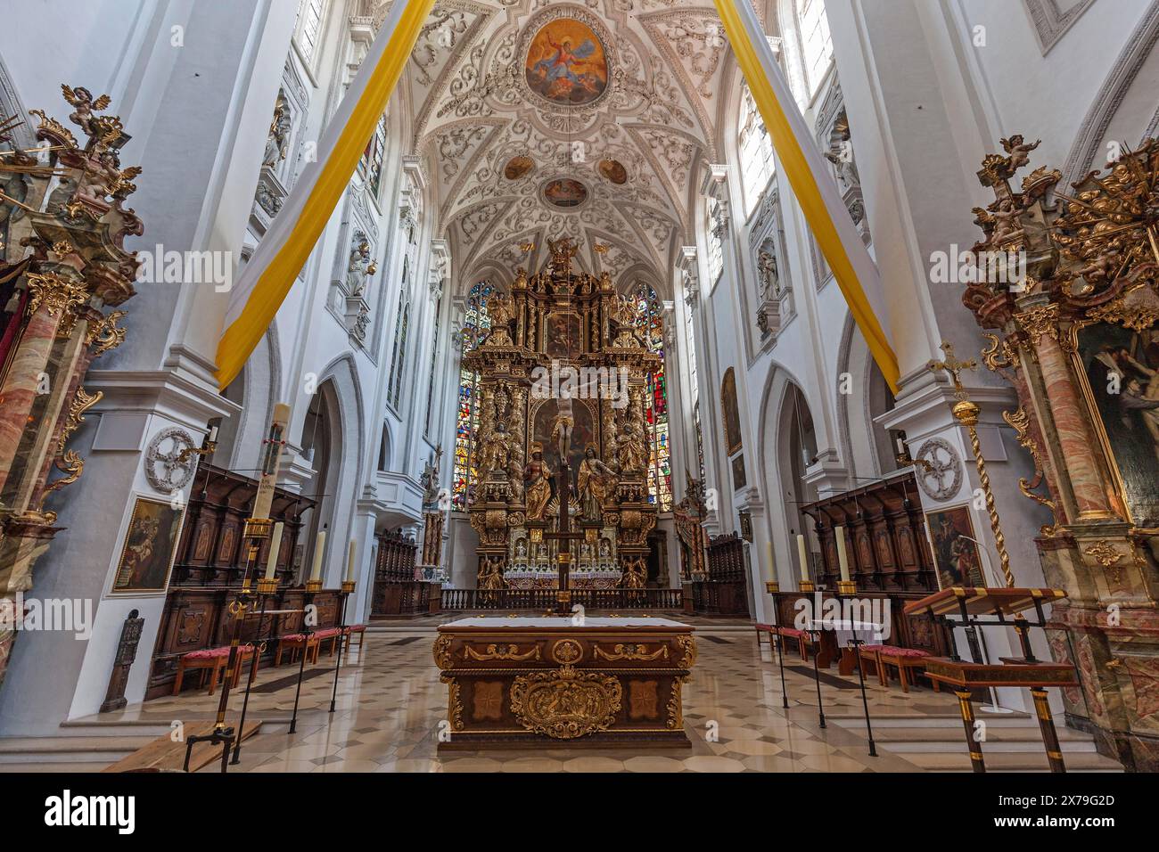 Interior and altar of the parish church of the Assumption of the Virgin ...