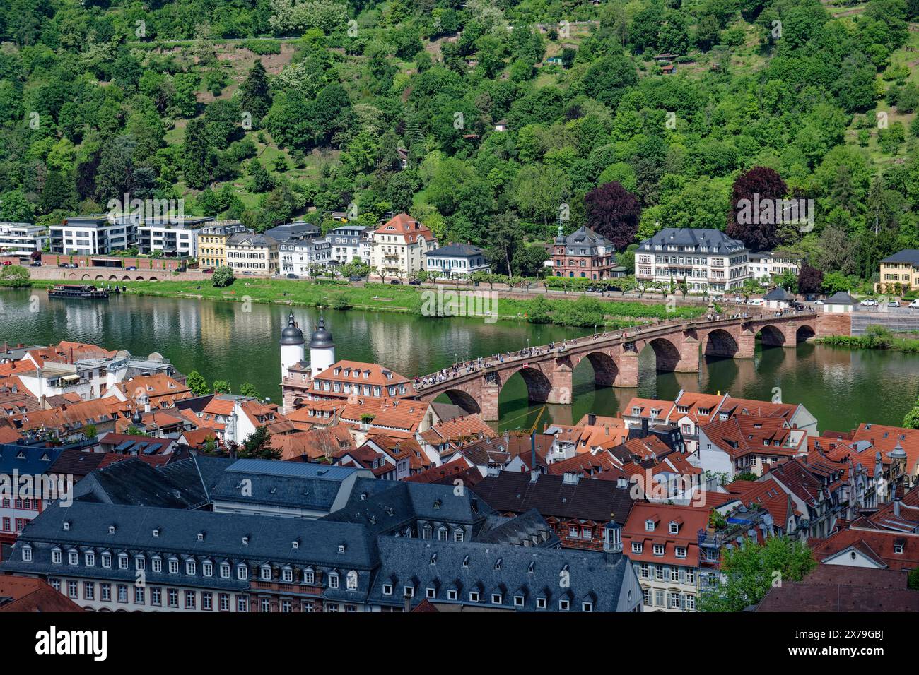 View of Heidelberg with the Old Bridge from the garden of Heidelberg Castle, Heidelberg, Baden ...