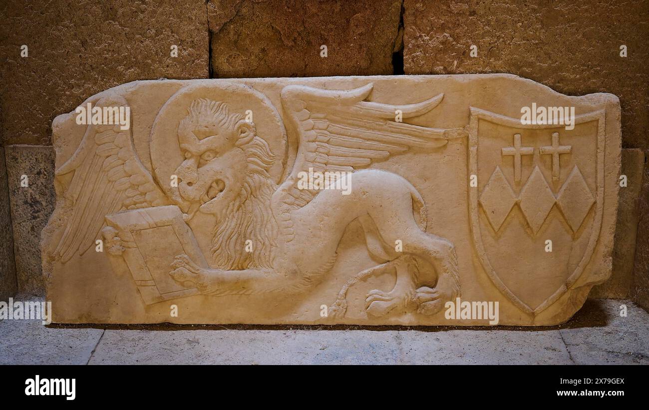 Lion of St Mark, Crispi family crest, A stone relief shows a winged ...