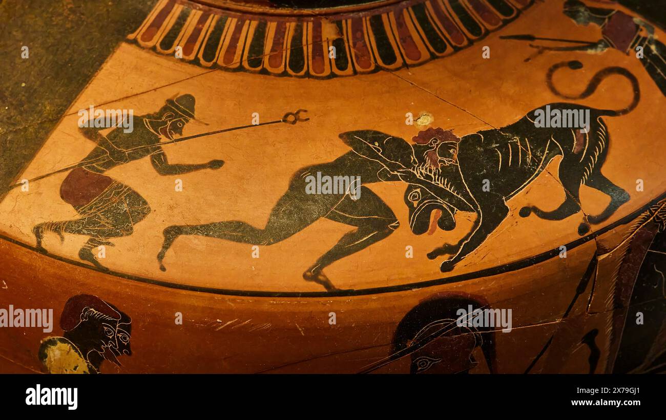 Detail, Ancient Greek vase depicting a warrior fighting a lion ...