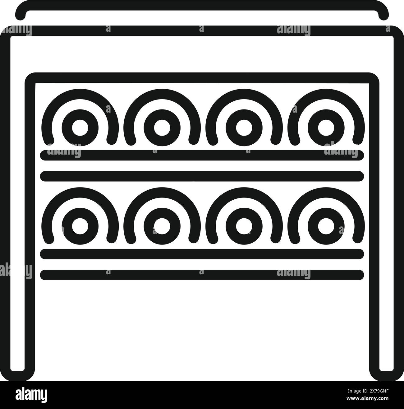 Icon illustration of a wooden shelf unit with decorative circular ...
